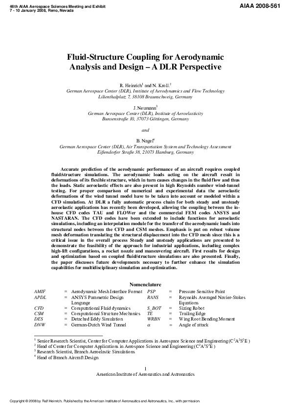 (PDF) Fluid-Structure Coupling for Aerodynamic Analysis and Design: A ...