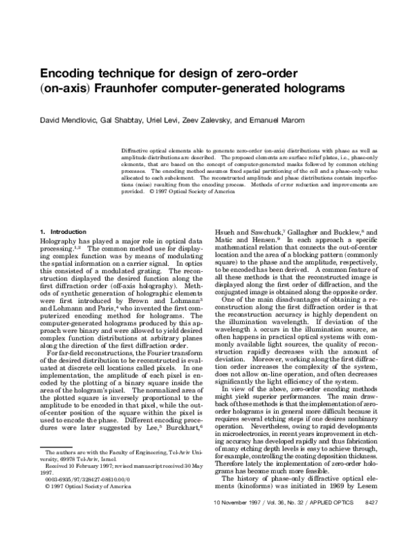Pdf Encoding Technique For Design Of Zero Order On Axis Fraunhofer Computer Generated