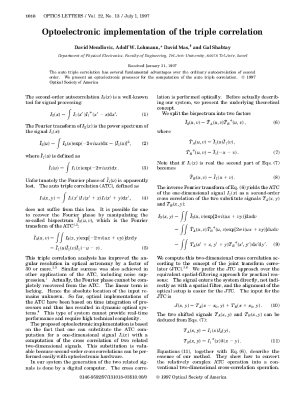 (PDF) Optoelectronic implementation of the triple correlation