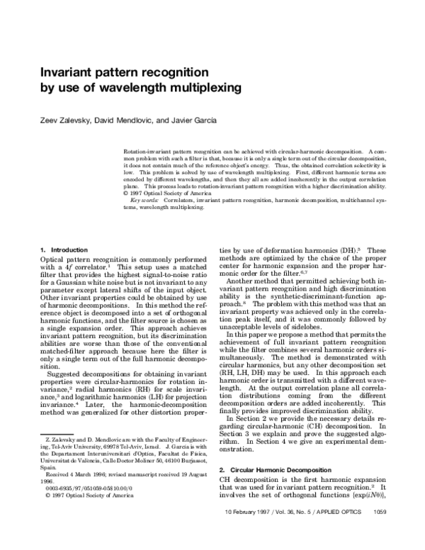 Pdf Invariant Pattern Recognition By Use Of Wavelength Multiplexing David Mendlovic
