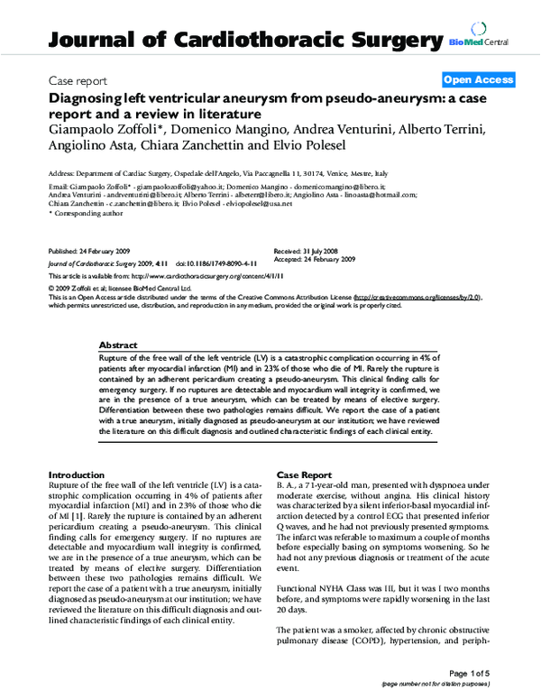 (PDF) Diagnosing left ventricular aneurysm from pseudo-aneurysm: a case report and a review in ...