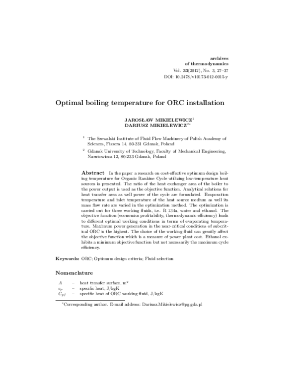 (PDF) Optimal boiling temperature for ORC installation | Jaroslaw ...