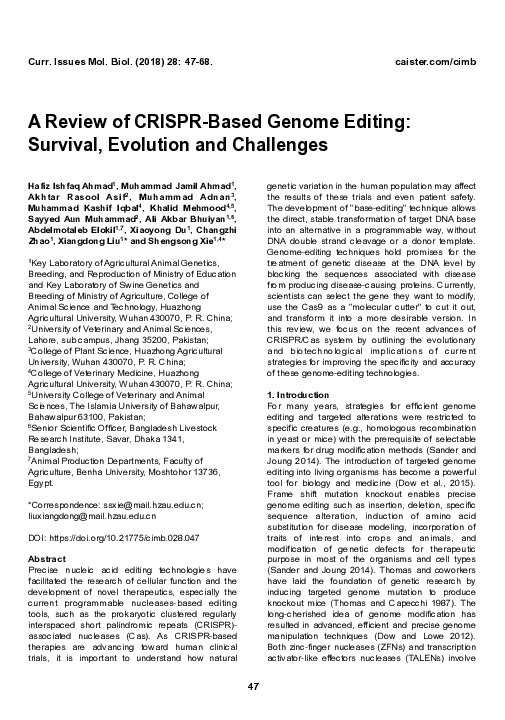 (PDF) A Review of CRISPR-Based Genome Editing: Survival, Evolution and ...