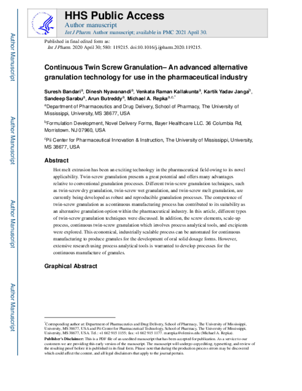 Pdf Continuous Twin Screw Granulation An Advanced Alternative Granulation Technology For Use