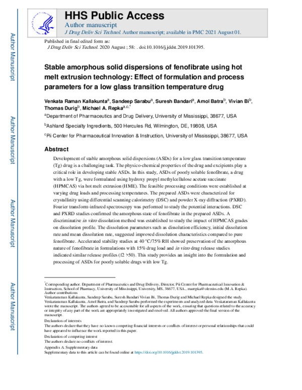 (PDF) Stable amorphous solid dispersions of fenofibrate using hot melt extrusion technology ...