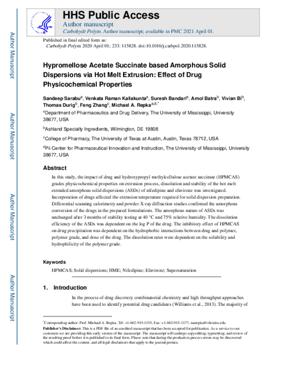 (PDF) Hypromellose acetate succinate based amorphous solid dispersions ...