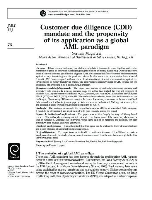 (PDF) Customer due diligence (CDD) mandate and the propensity of its ...
