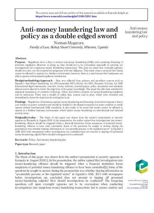 (PDF) Anti-money laundering law and policy as a double edged sword
