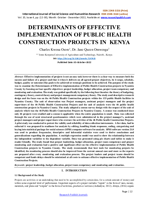 (PDF) Determinants of Effective Implementation of Public Health Construction Projects in Kenya