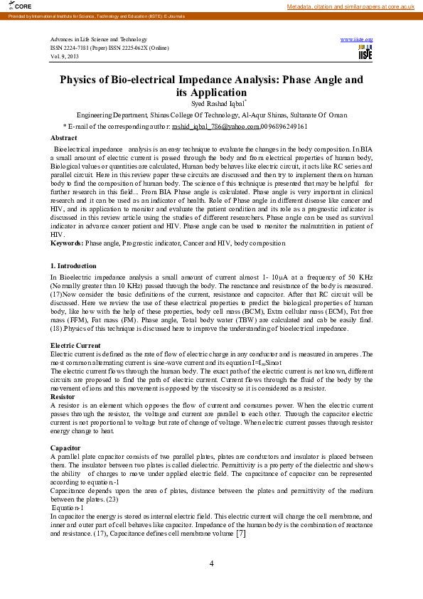 (PDF) Physics of Bio-electrical Impedance Analysis: Phase Angle and its ...