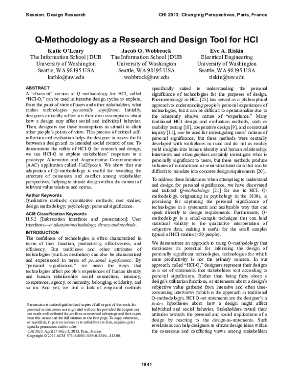 (PDF) Q-methodology as a research and design tool for HCI