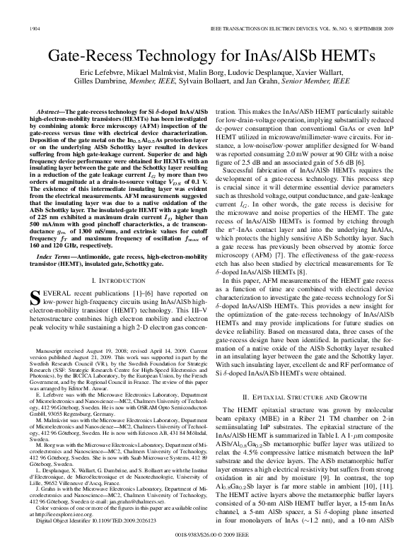 (PDF) Gate-Recess Technology for InAs/AlSb HEMTs