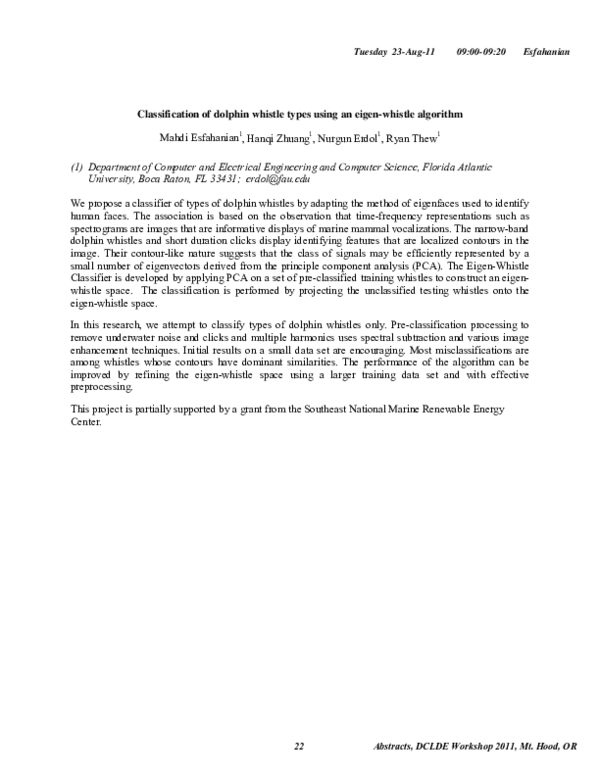 Pdf Classification Of Dolphin Whistle Types Using An Eigen Whistle Algorithm