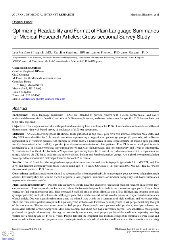(PDF) Optimizing Readability and Format of Plain Language Summaries for ...
