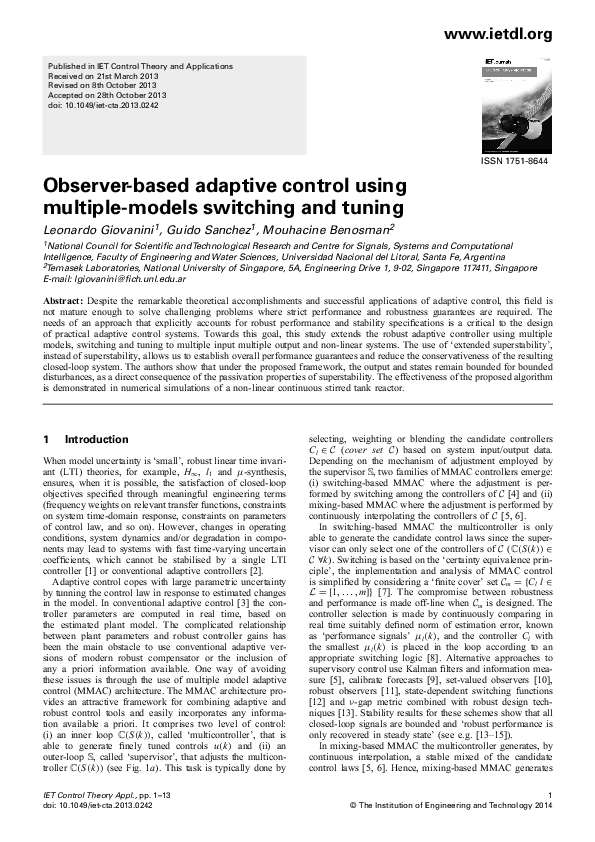 Pdf Observer Based Adaptive Control Using Multiple Models Switching