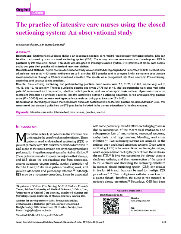 (PDF) The practice of intensive care nurses using the closed suctioning system: An observational ...