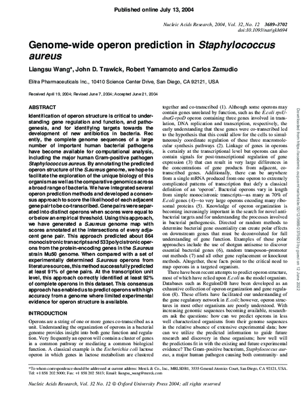 (PDF) Genome-wide operon prediction in Staphylococcus aureus