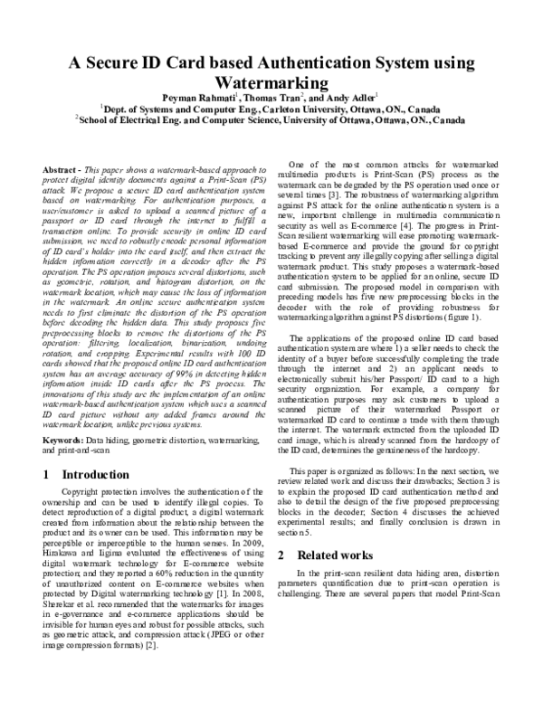 (PDF) A Secure ID Card based Authentication System using Watermarking | Thomas Tran - Academia.edu