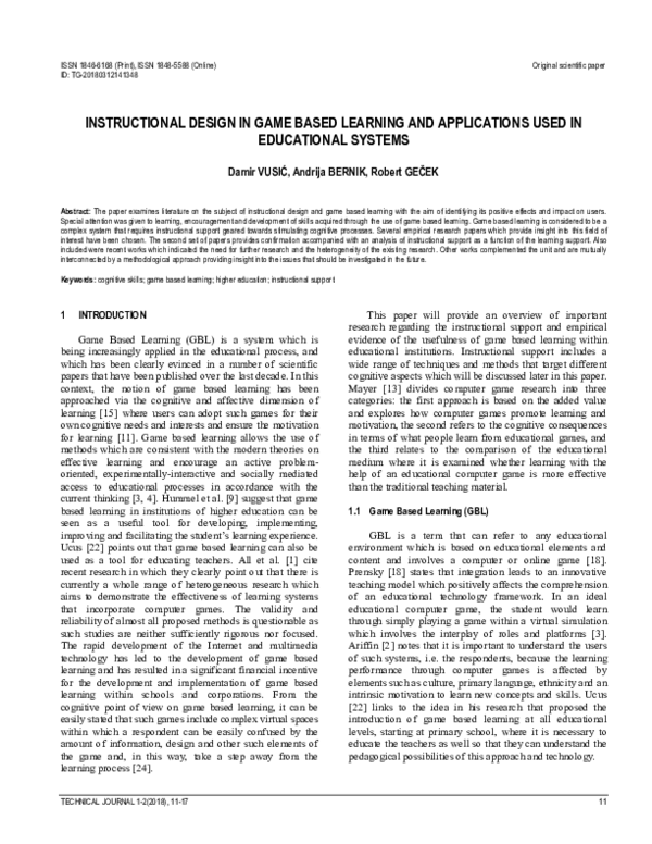 (PDF) Instructional design in game based learning and applications used in educational systems ...