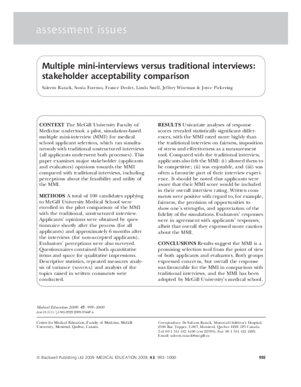 (PDF) Multiple mini-interviews versus traditional interviews ...