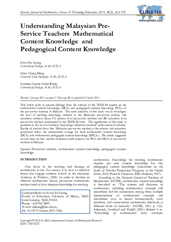(PDF) Understanding Malaysian Pre-Service Teachers Mathematical Content ...