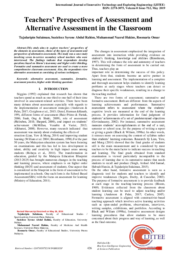 (PDF) Teachers’ perspectives of assessment and alternative assessment ...