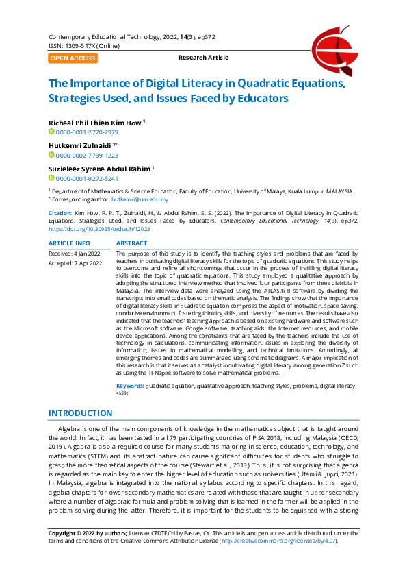 (PDF) The Importance of Digital Literacy in Quadratic Equations, Strategies Used, and Issues ...