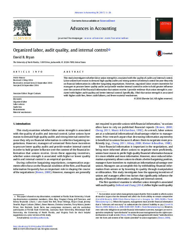 (PDF) Organized labor, audit quality, and internal control