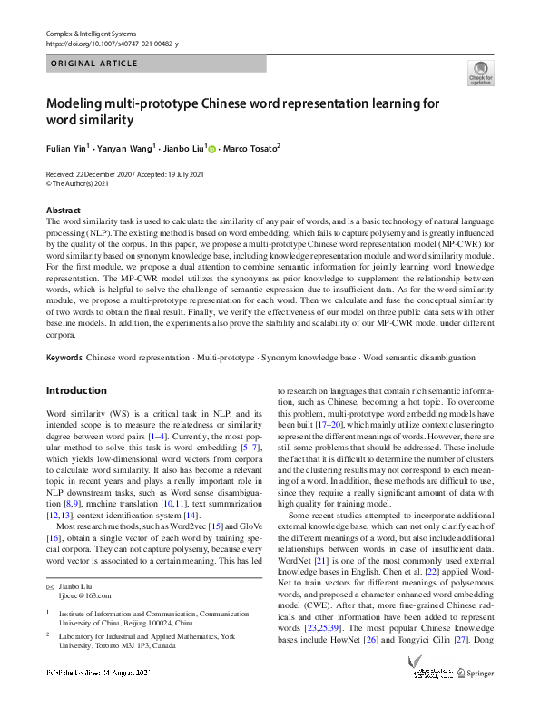 (PDF) Modeling multi-prototype Chinese word representation learning for word similarity