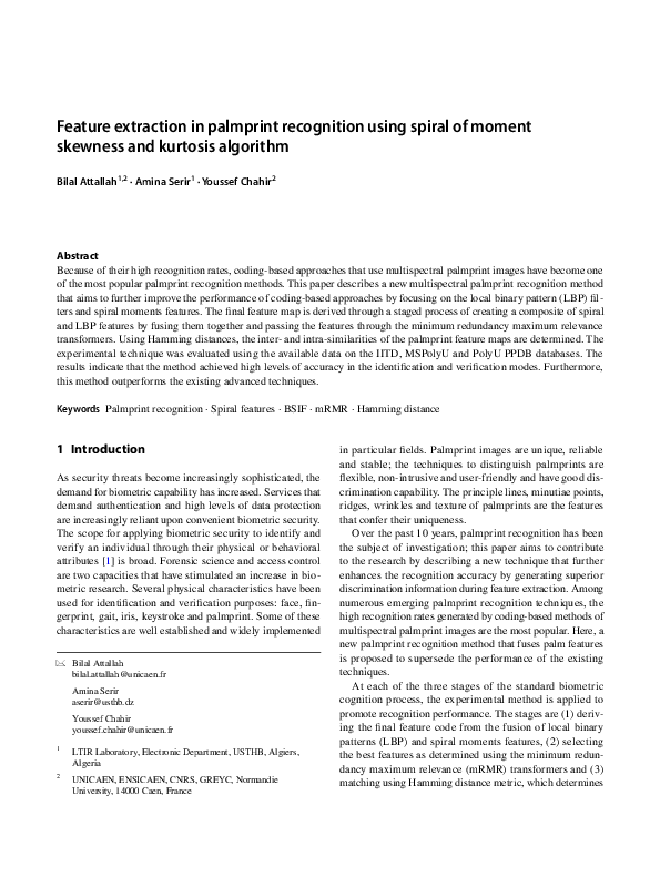 (PDF) Feature extraction in palmprint recognition using spiral of moment skewness and kurtosis ...