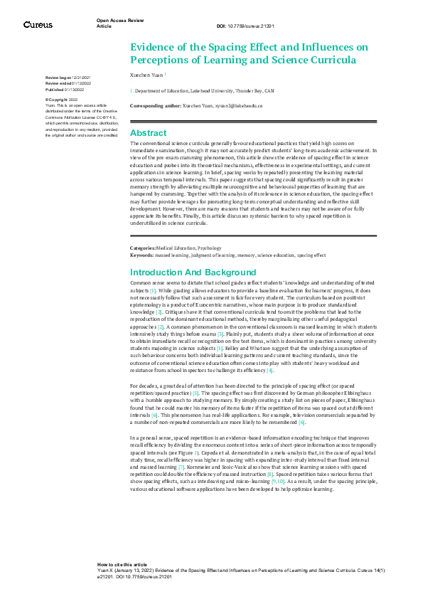 (PDF) Evidence of the Spacing Effect and Influences on Perceptions of Learning and Science Curricula