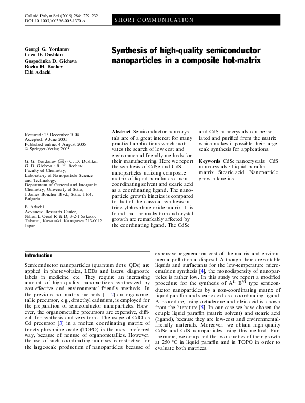 (PDF) Synthesis of high-quality semiconductor nanoparticles in a composite hot-matrix