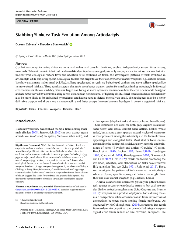 (PDF) Stabbing Slinkers: Tusk Evolution Among Artiodactyls