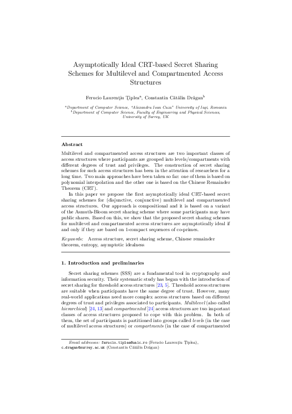 (PDF) Asymptotically Ideal CRT-based Secret Sharing Schemes for Multilevel and Compartmented ...