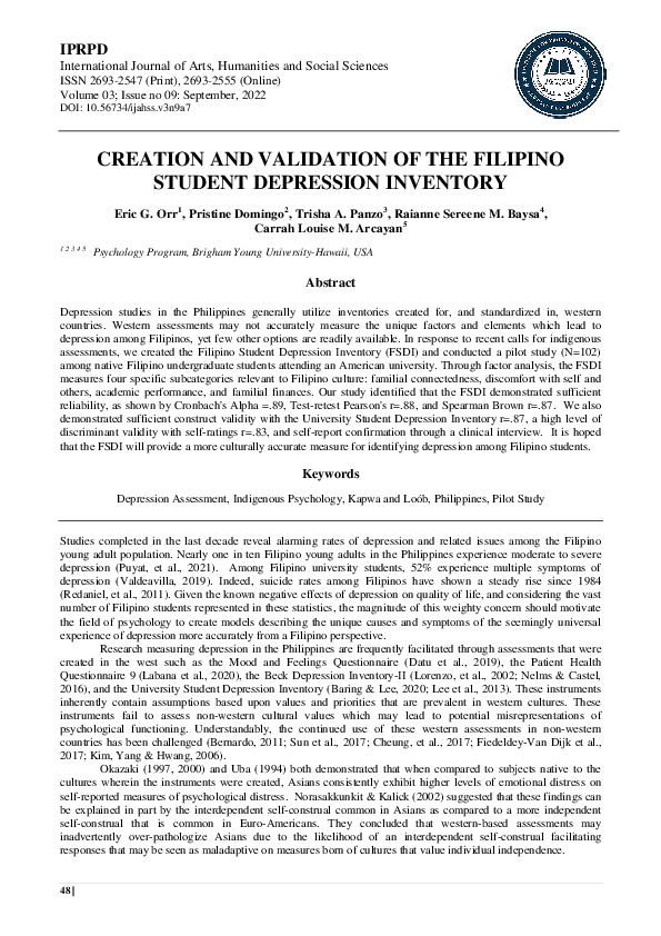 (PDF) Creation and Validation of the Filipino Student Depression Inventory