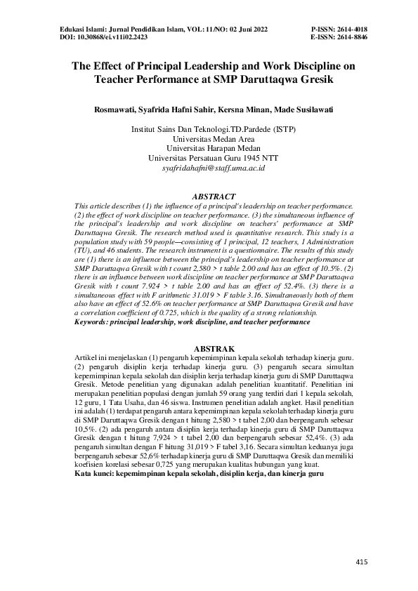 (PDF) The Effect of Principal Leadership and Work Discipline on Teacher ...
