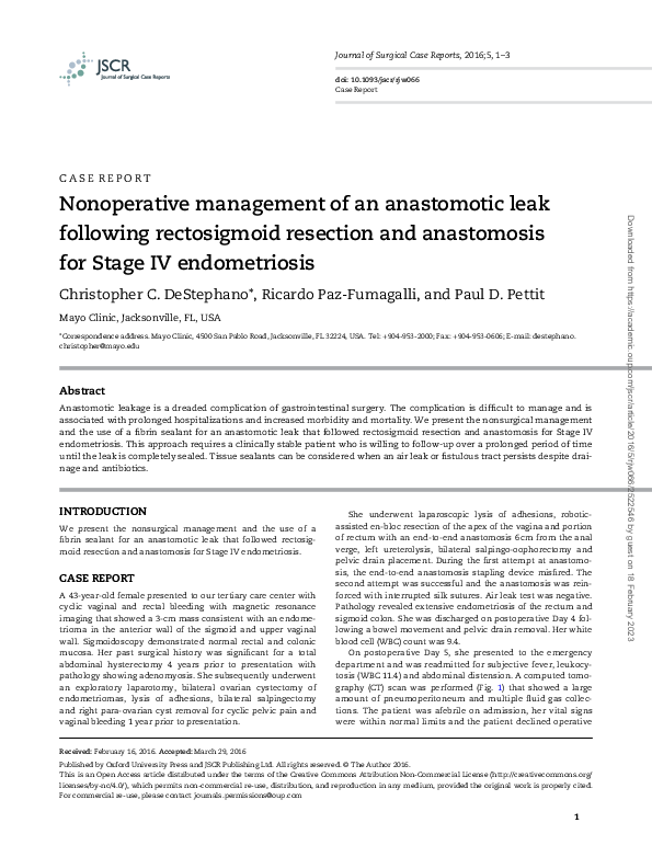 Pdf Nonoperative Management Of An Anastomotic Leak Following Rectosigmoid Resection And
