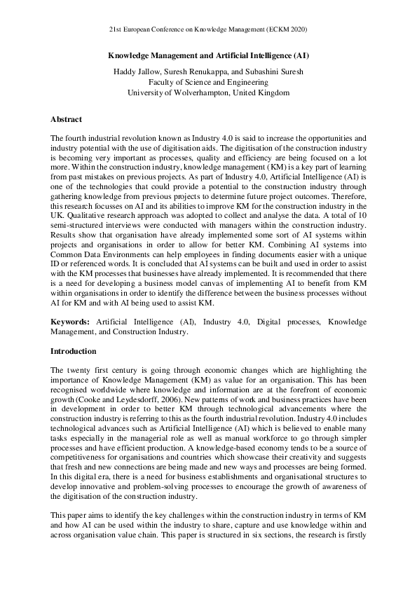 (PDF) Knowledge Management and Artificial Intelligence (AI)