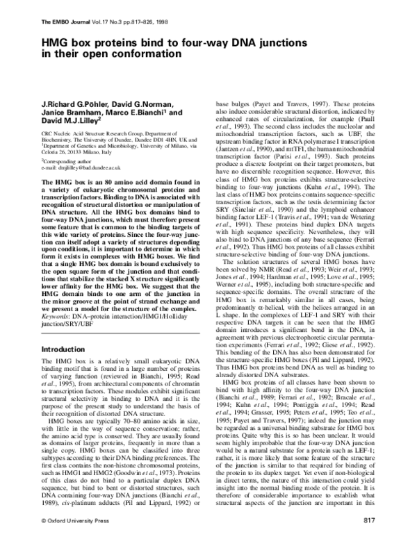 (PDF) HMG box proteins bind to four-way DNA junctions in their open ...