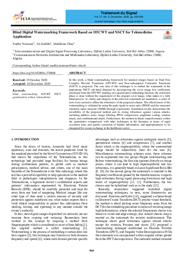 (PDF) Blind Digital Watermarking Framework Based on DTCWT and NSCT for Telemedicine Application ...