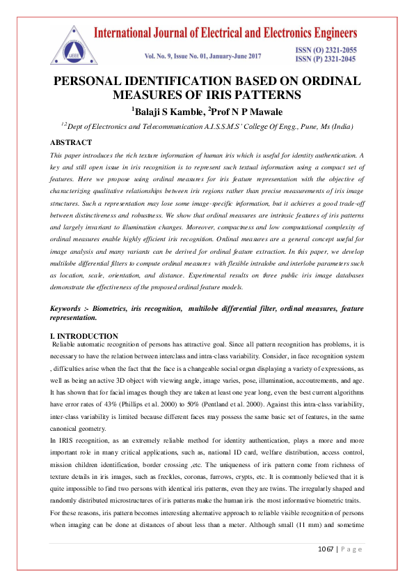 (PDF) Personal Identification Based on Ordinal Measures of Iris Patterns