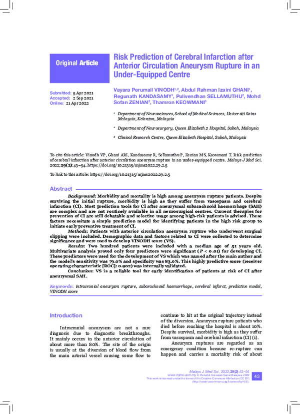 (PDF) Risk Prediction of Cerebral Infarction after Anterior Circulation ...