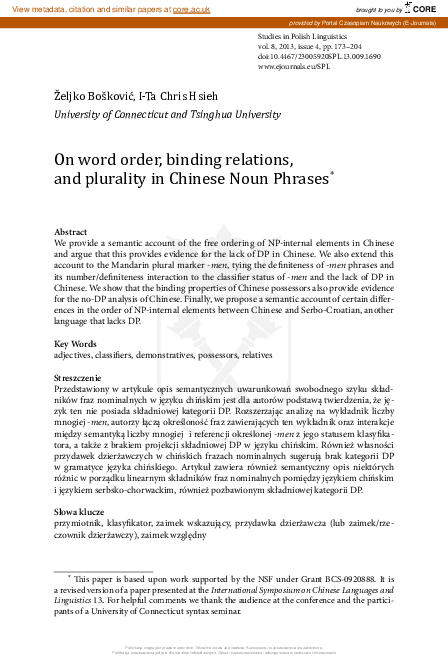(PDF) On word order, binding relations, and plurality in Chinese Noun ...