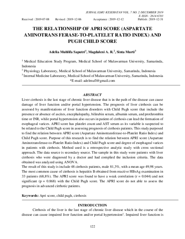 (PDF) The Relationship of Apri Score (Aspartate Aminotrans Ferase-To ...