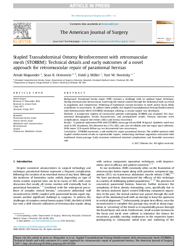 (PDF) Stapled Transabdominal Ostomy Reinforcement with retromuscular ...