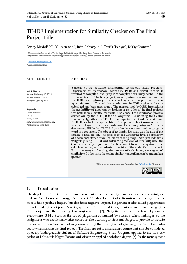(PDF) TF-IDF Implementation for Similarity Checker on The Final Project Title