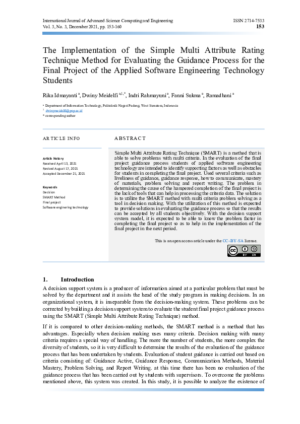 Pdf The Implementation Of The Simple Multi Attribute Rating Technique