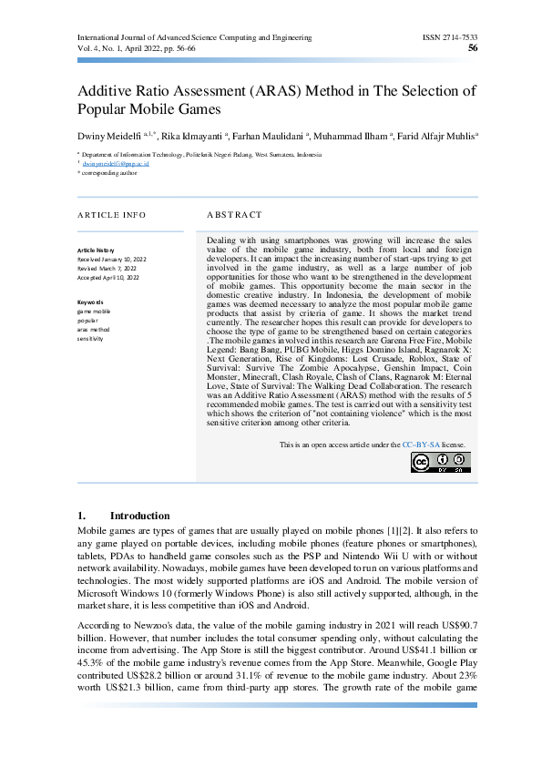 (PDF) Additive Ratio Assessment (ARAS) Method in the Selection of ...