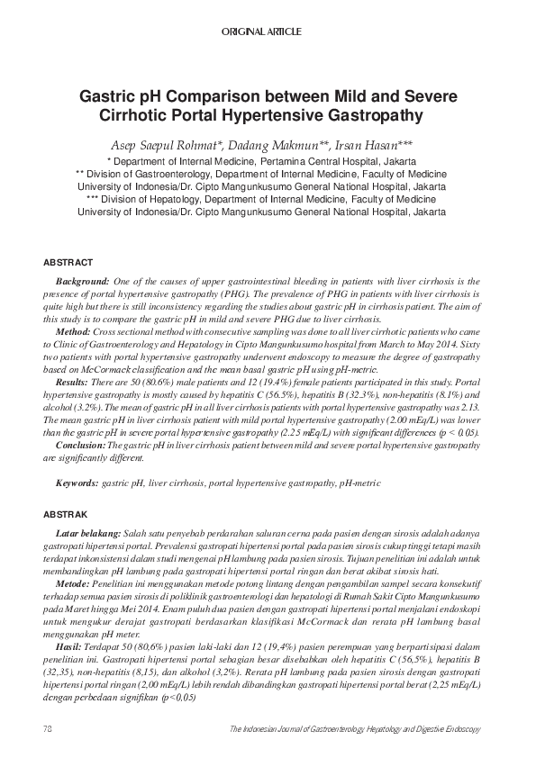 (PDF) Gastric pH Comparison Between Mild and Severe Cirrhotic Portal ...