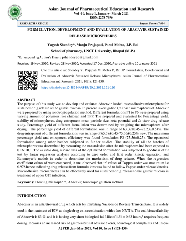 Pdf Formulation Development And Evaluation Of Abacavir Sustained Release Microspheres